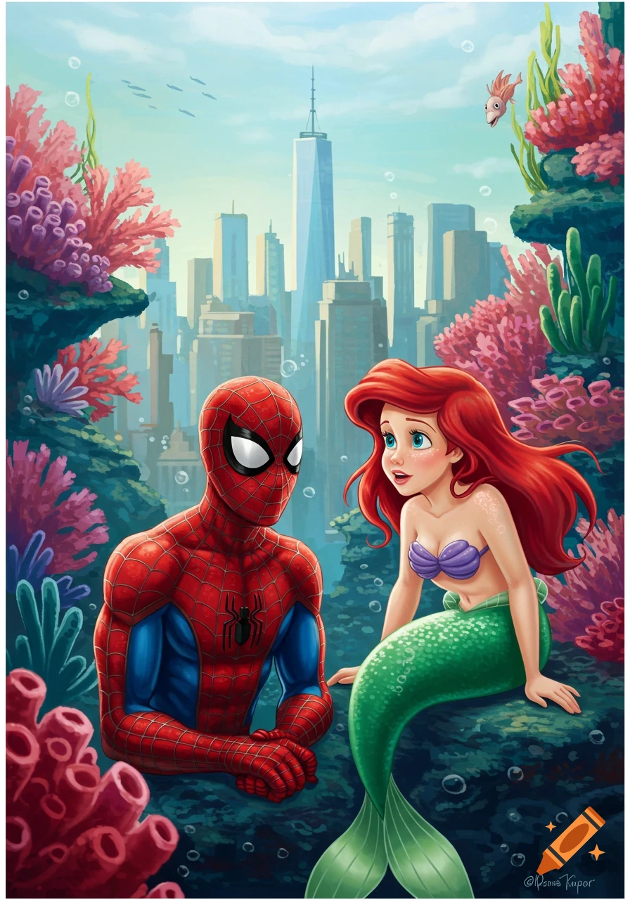 Ariel, Flounder, and a lobster Sebastian underwater in the style of ...