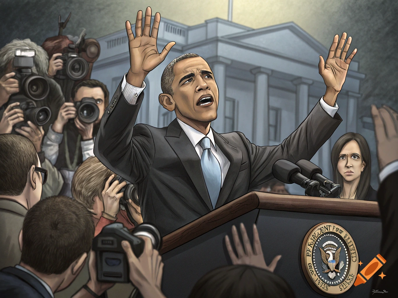 Illustration of Barack Obama at a press conference with hands raised ...