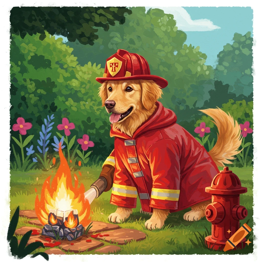 A dog in a firefighter uniform sprays water on a campfire next to a ...