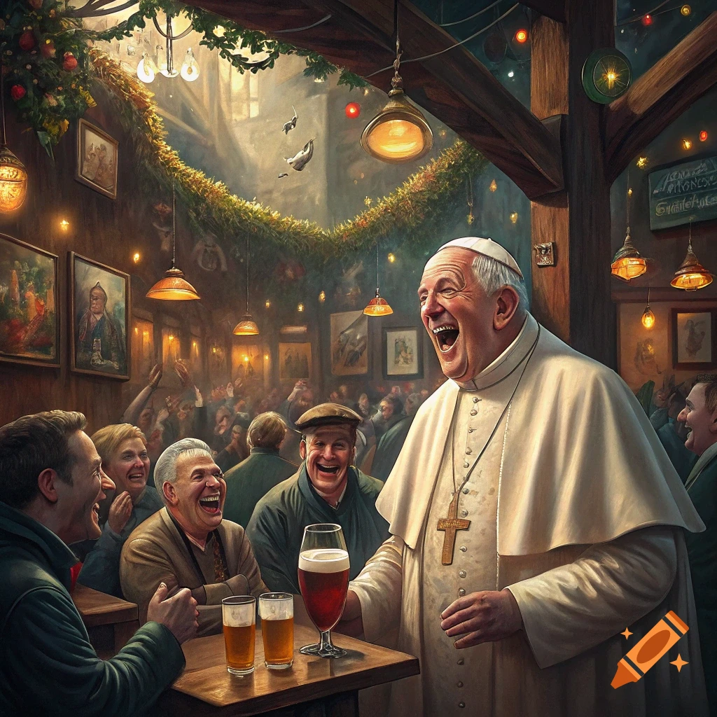 Pope laughs with people in a crowded bar, holding a beer. on Craiyon