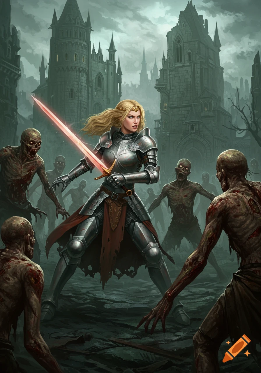 A female knight in shining armor fights off a horde of zombies in front ...