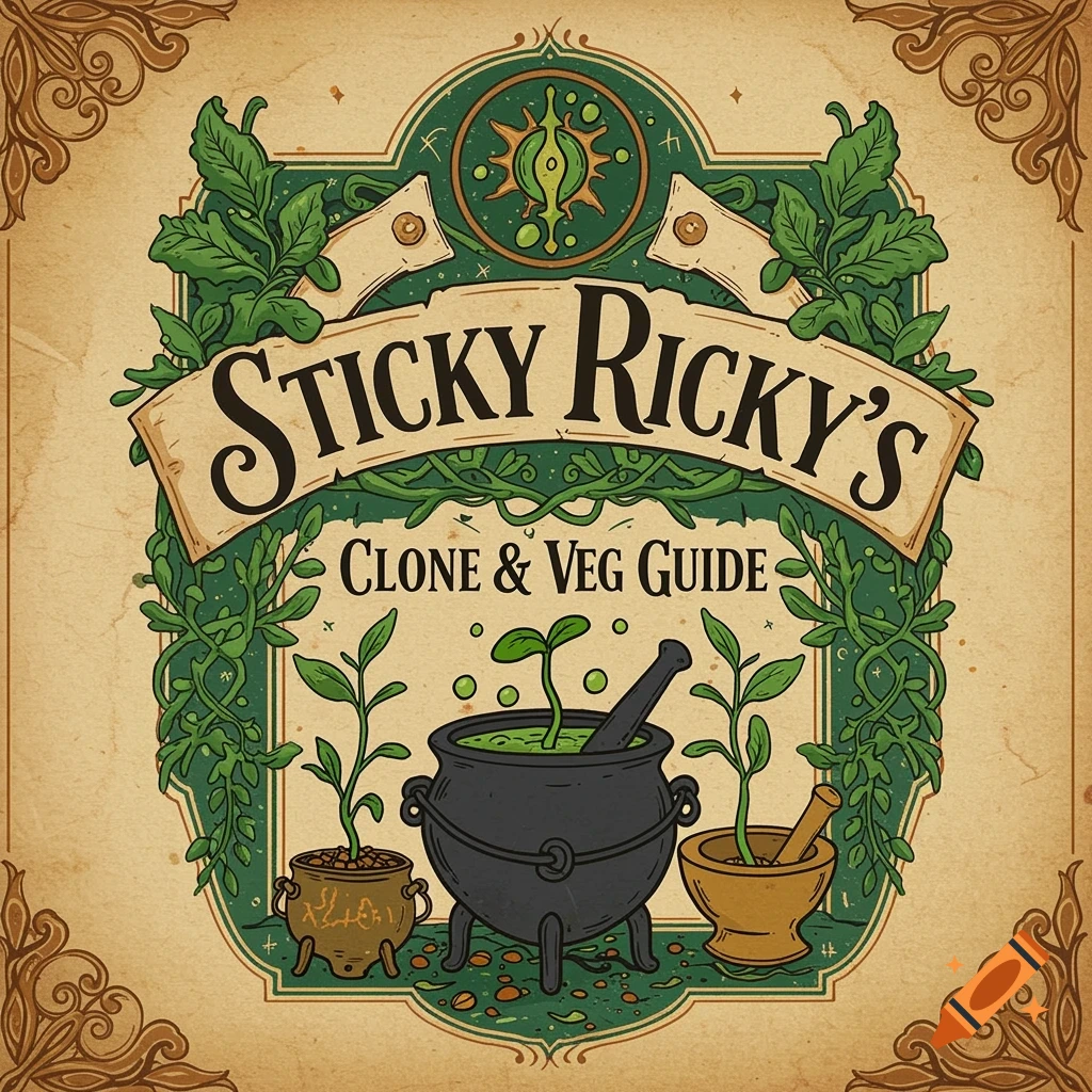 Logo for Sticky Ricky's Clone & Veg Guide with cauldron, plants, vines ...