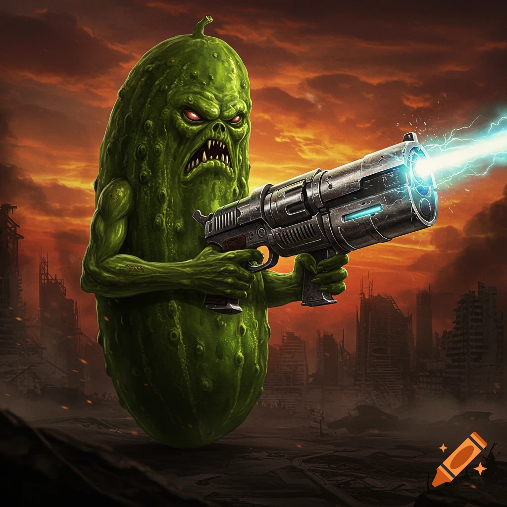 Large angry pickle fires a sci-fi gun in a ruined city landscape under ...