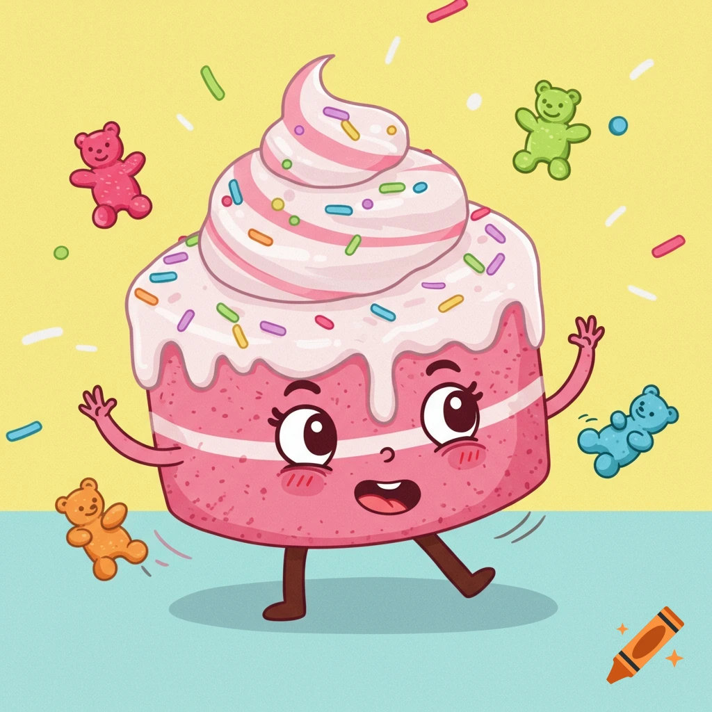 Cartoon cupcake character with a face, arms, and legs dancing happily ...