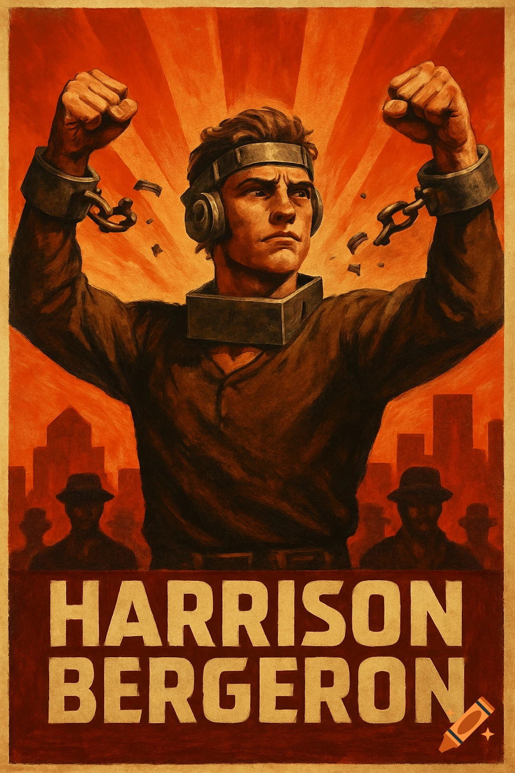 Propaganda Poster Of A Man Breaking Chains Titled Harrison Bergeron