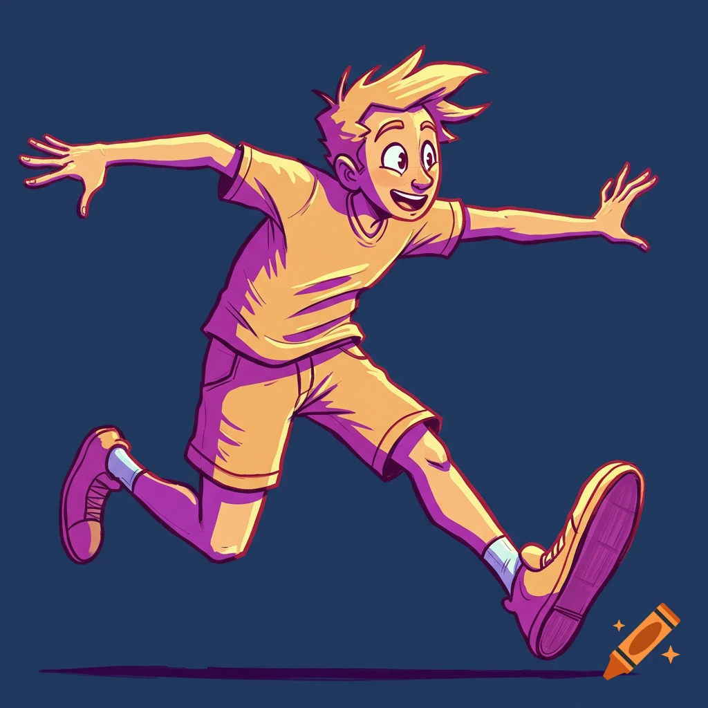 A cartoon boy running with arms wide. on Craiyon