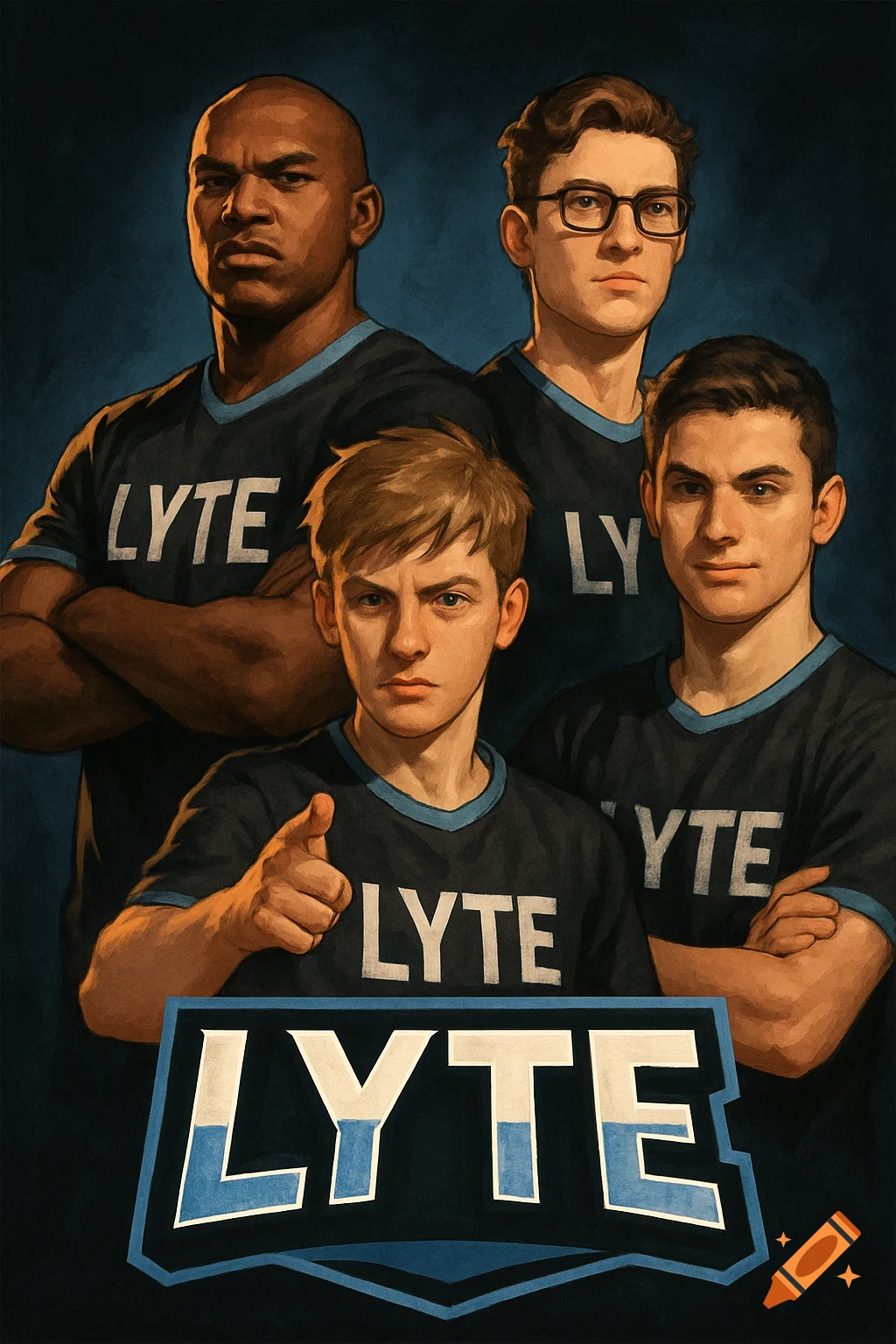 Illustration of four young men in dark t-shirts with 'LYTE' logos ...