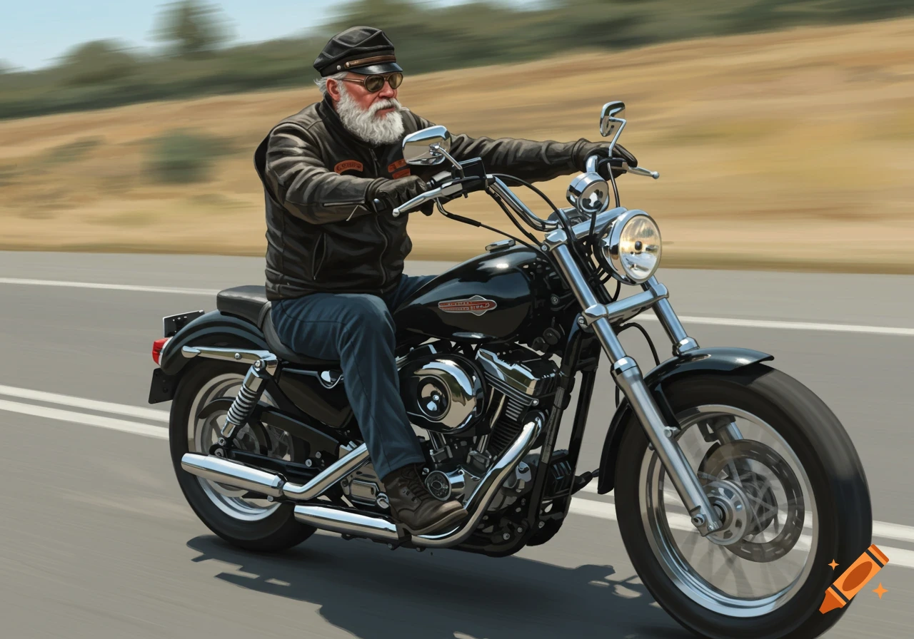 Older man with a white beard and cap rides a motorcycle down a road. on ...