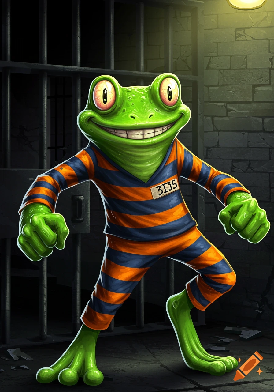 Cartoon frog character wearing a prison uniform in a jail cell. on Craiyon