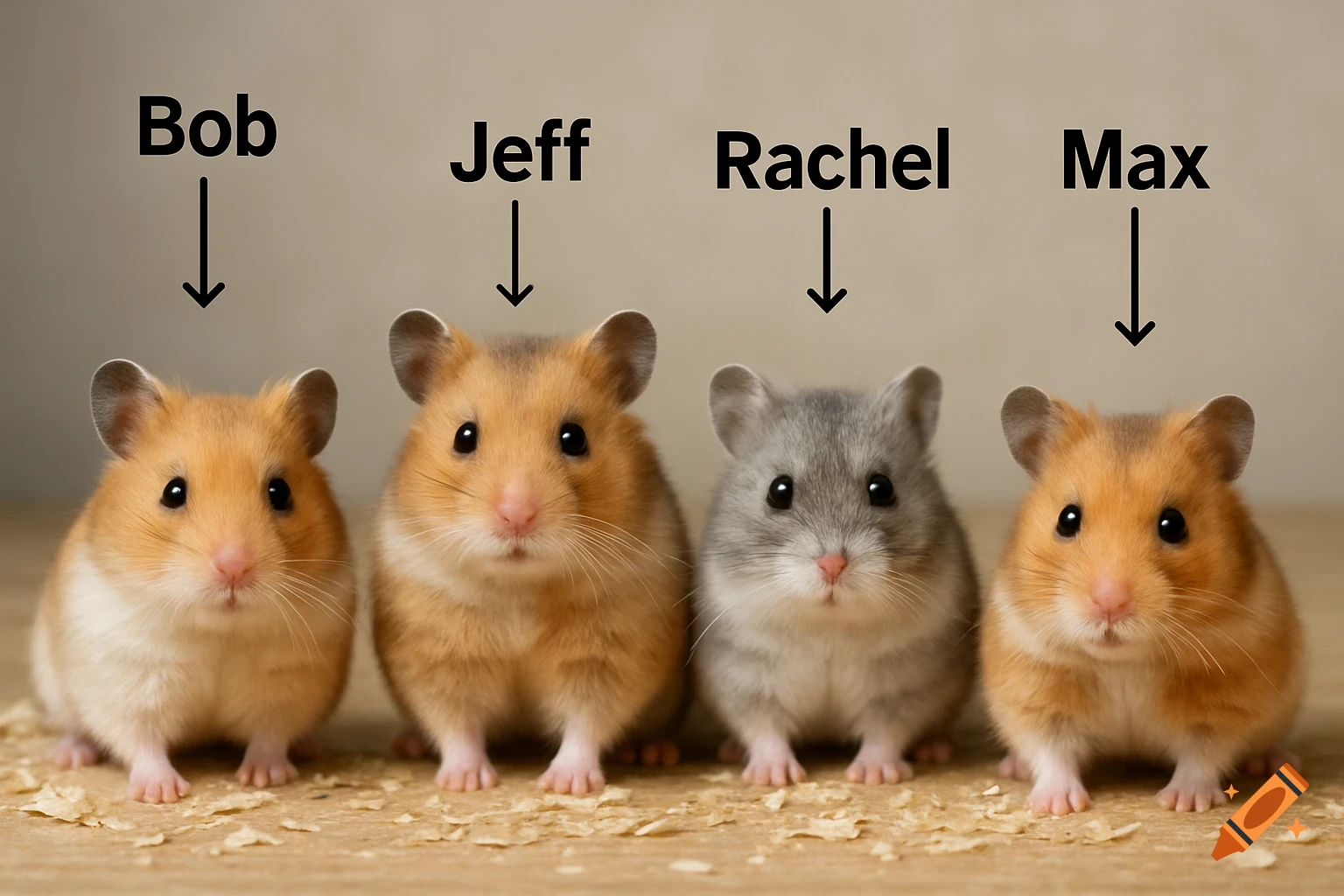 Four hamsters with names Bob, Jeff, Rachel, and Max above them with ...