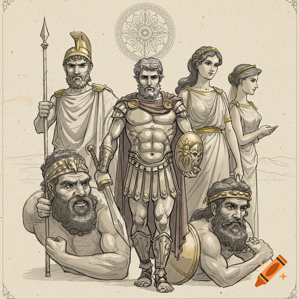 Odysseus, cyclops, Penelope, Telemachus, King Alcinous, and family in a ...