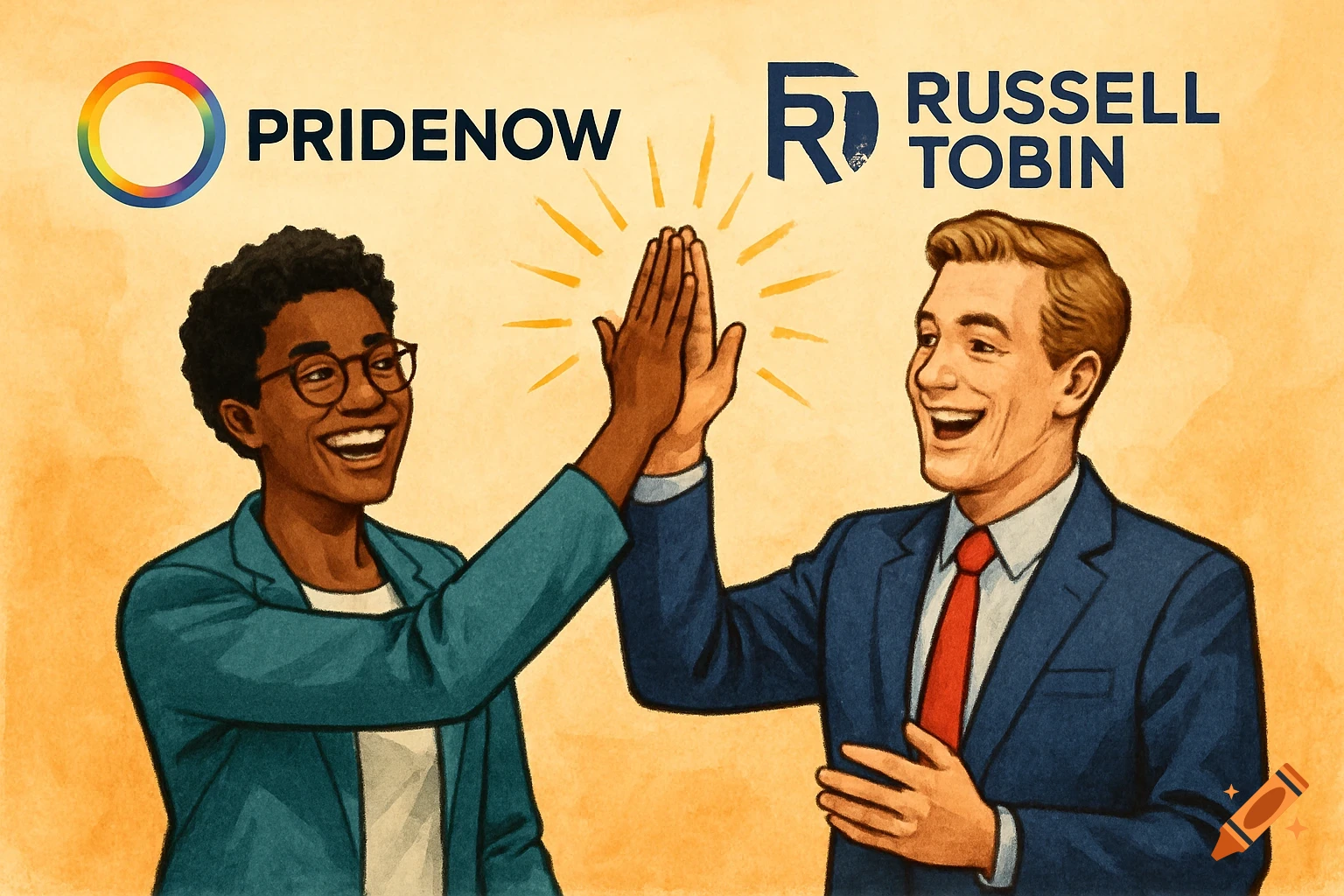 Illustration of two people high-fiving below PrideNow and Russell Tobin logos. on Craiyon