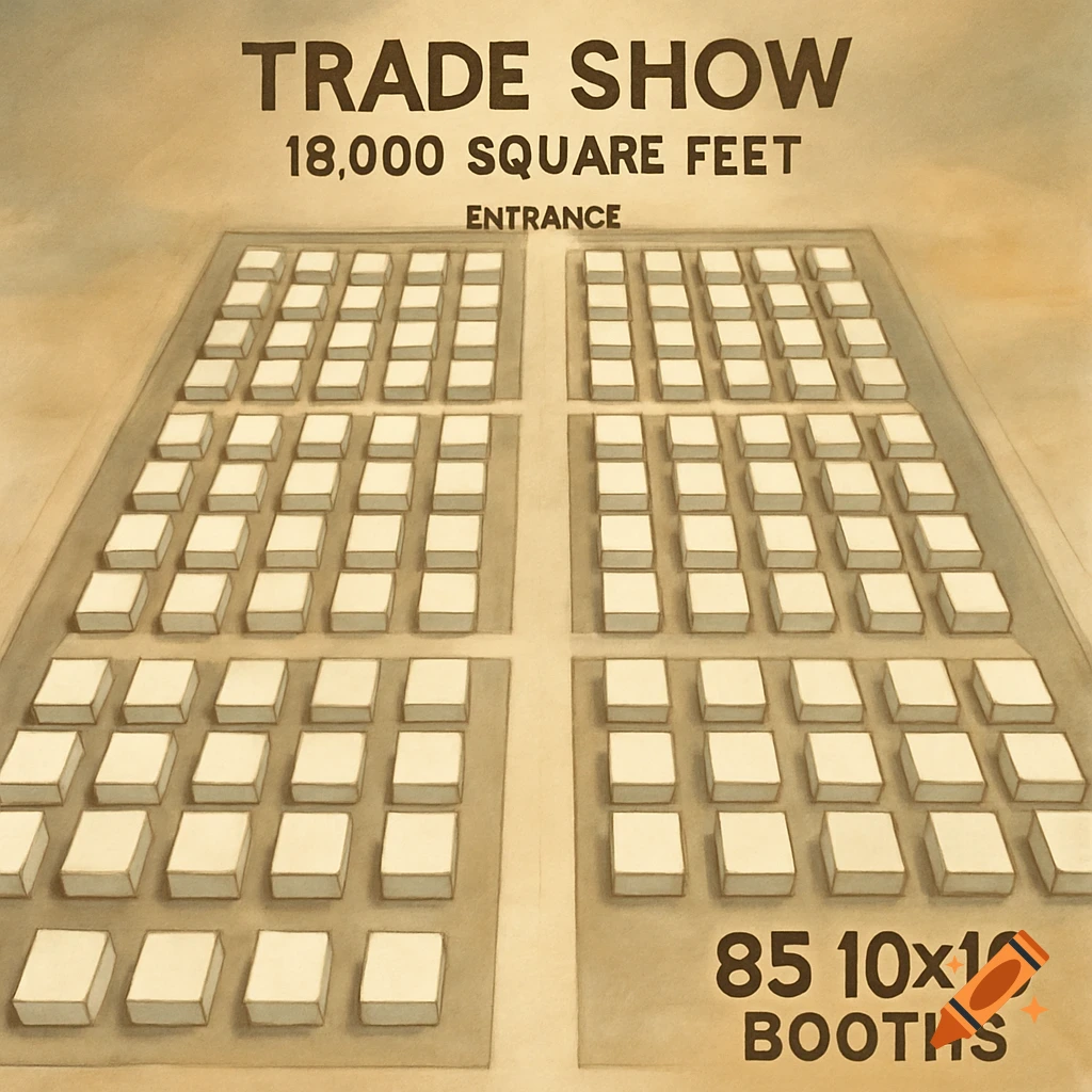 Aerial diagram of a trade show layout with 85 booths, labeled 18,000 ...