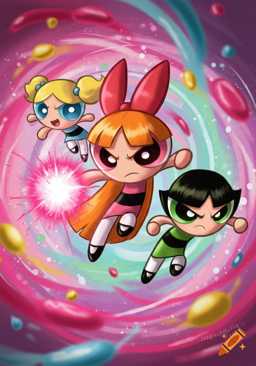 The Powerpuff Girls are shown flying forward against a swirling ...