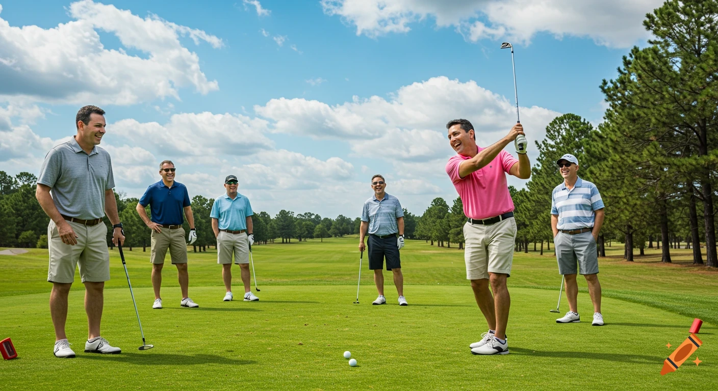 Men playing golf on a sunny green course. A man swings as friends watch ...