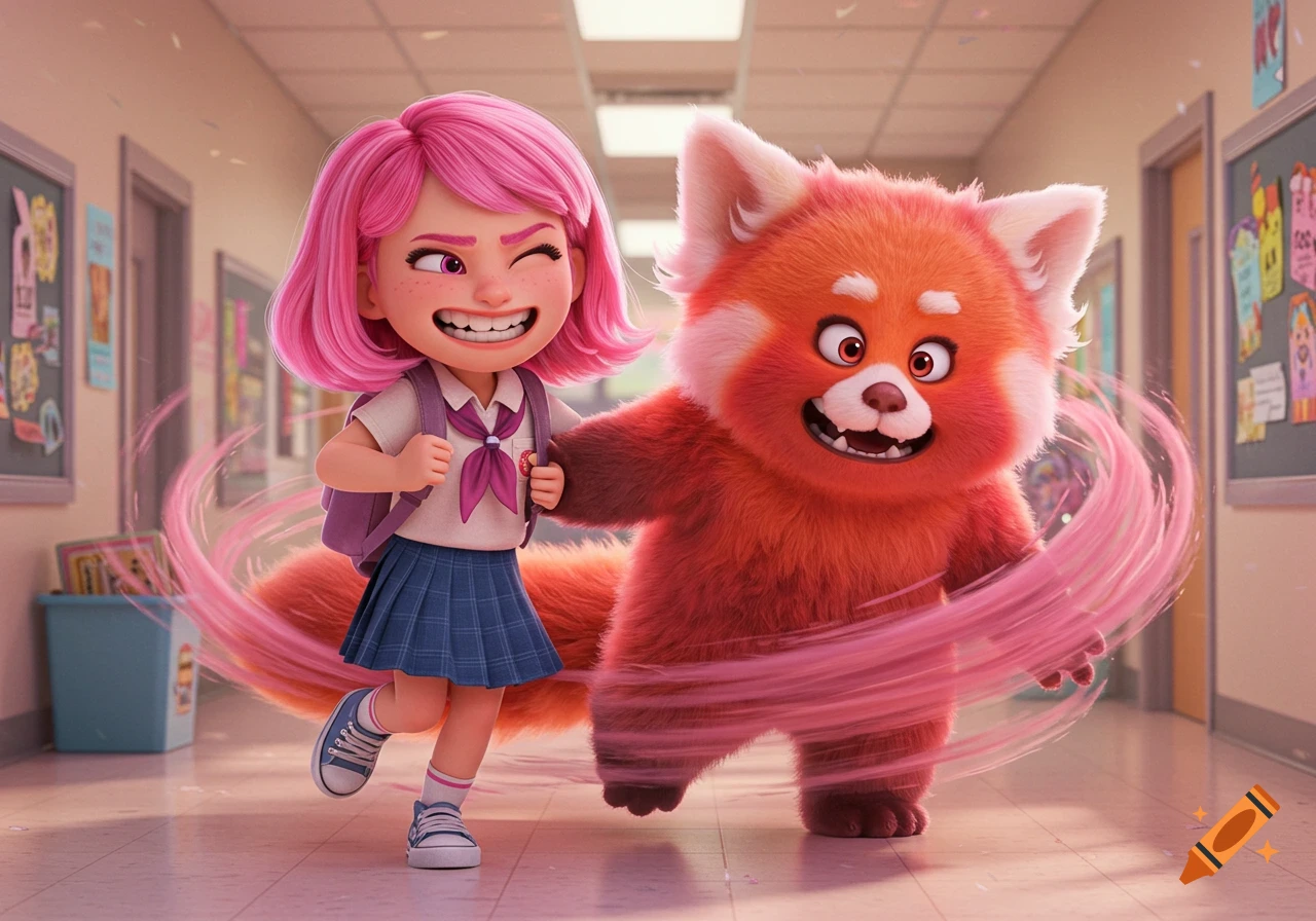 Cartoon girl with pink hair and a red panda run smiling through a ...
