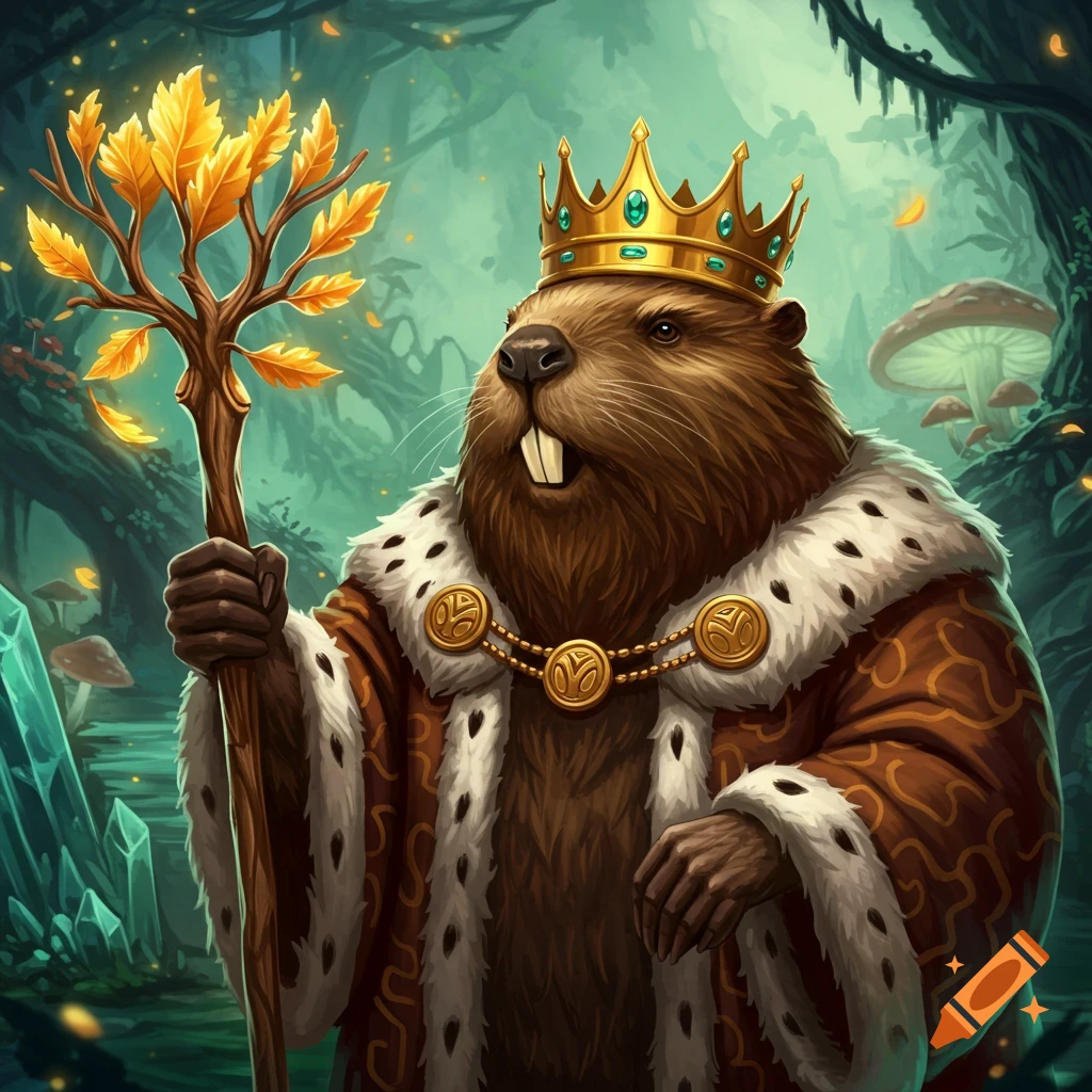 A beaver king in a royal robe and crown stands in a fantasy forest ...