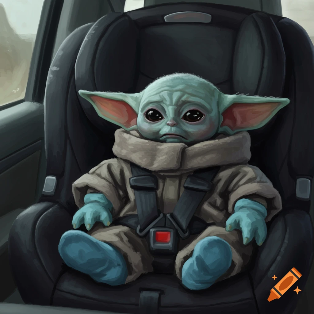Grogu, wearing blue mittens and baby grows, crying in a car seat ...