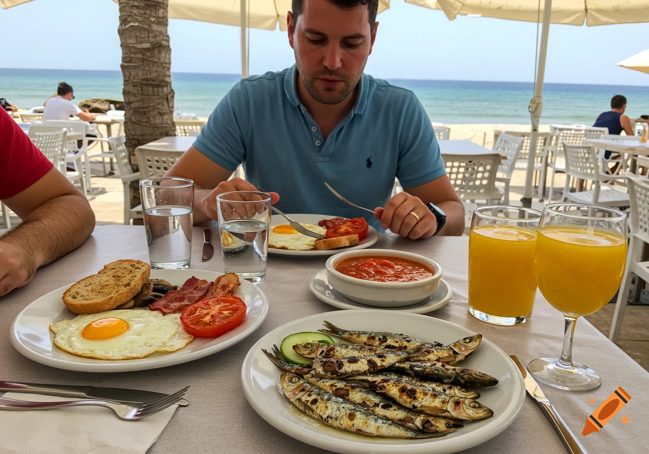 Three men eating at a Spanish beach restaurant, one with sardines and ...
