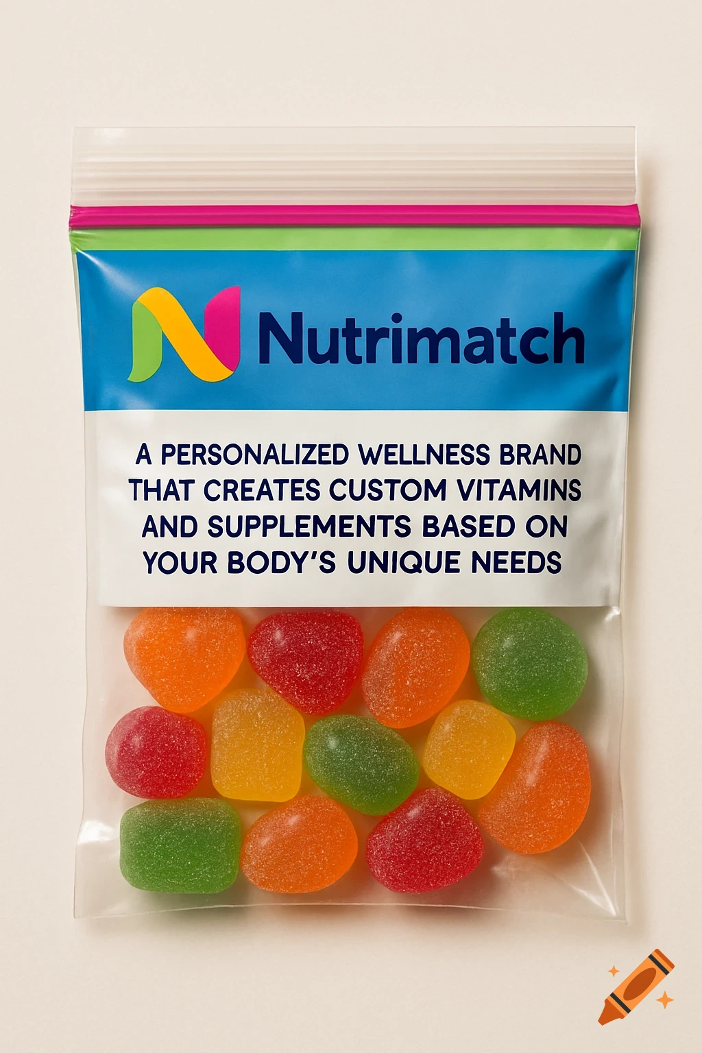 Close-up of a clear plastic bag of colorful gummy candies with a ...