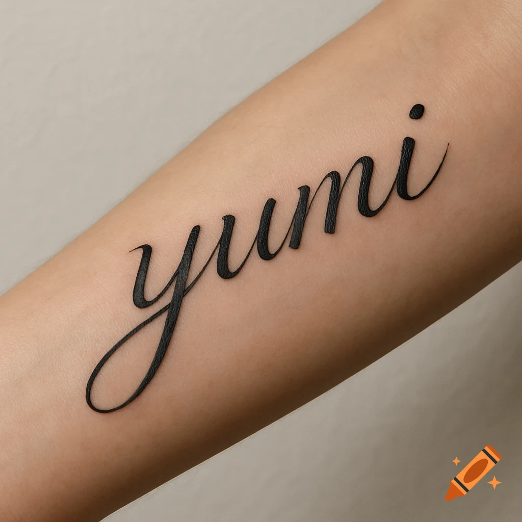 A close-up on a forearm with a black cursive tattoo that reads 'yumi ...