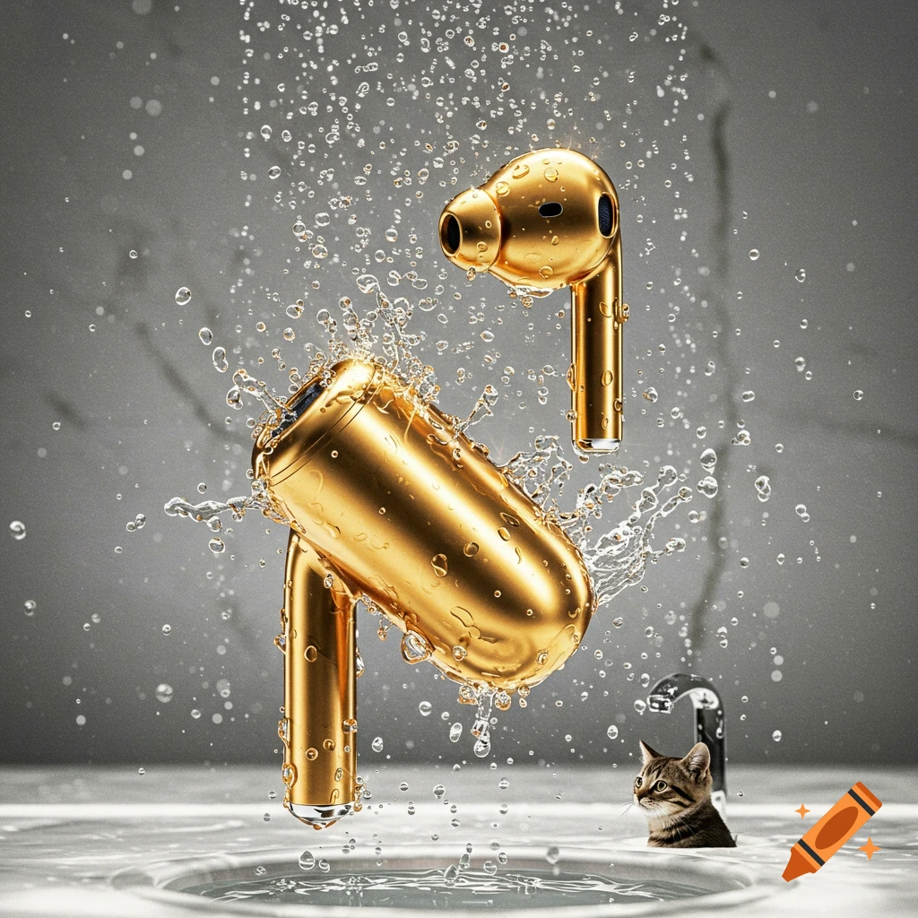 Golden AirPod floating with water droplets and a cat in a sink on Craiyon