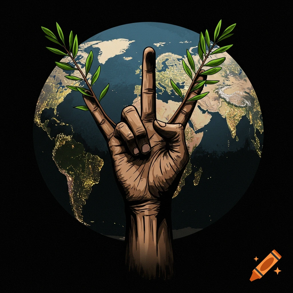 Stylized hand making a peace-like sign with fingers as olive branches against the Earth at night ...