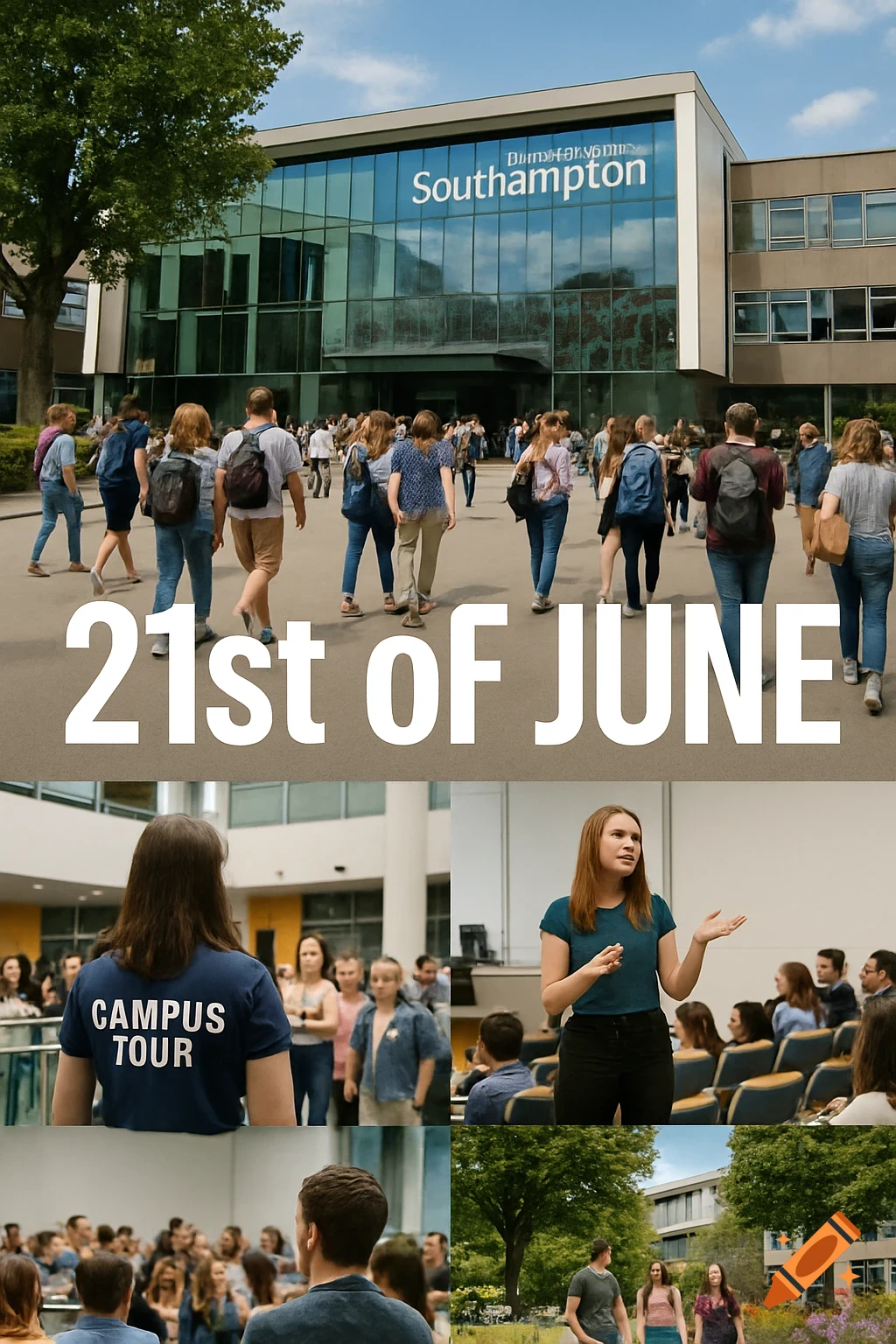 A poster collage for a university open day. It shows crowds of students ...