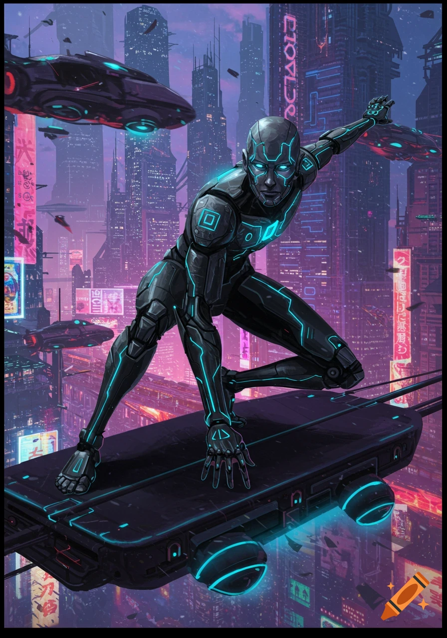A futuristic figure on a hovering platform surfs through a vibrant neon-lit cyberpunk city. on ...