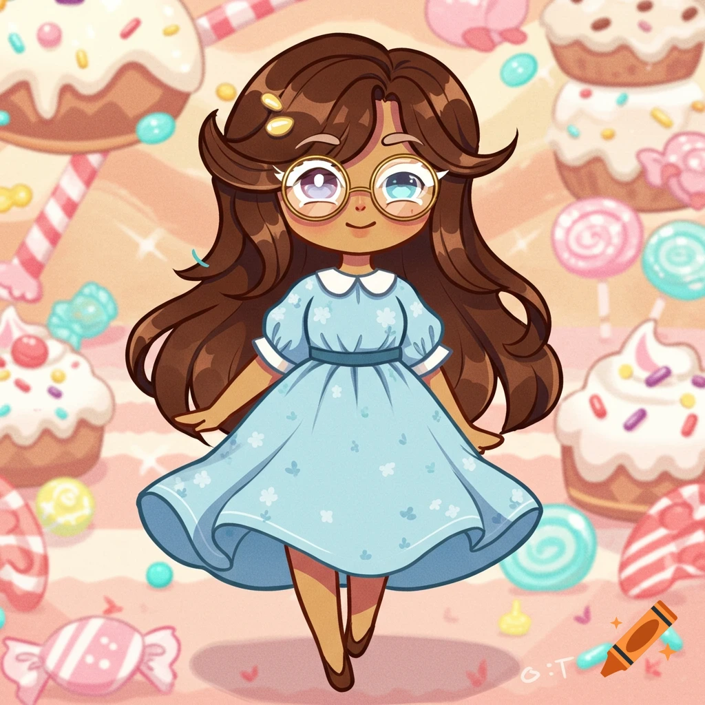 Cute cartoon character in blue dress surrounded by candy. on Craiyon