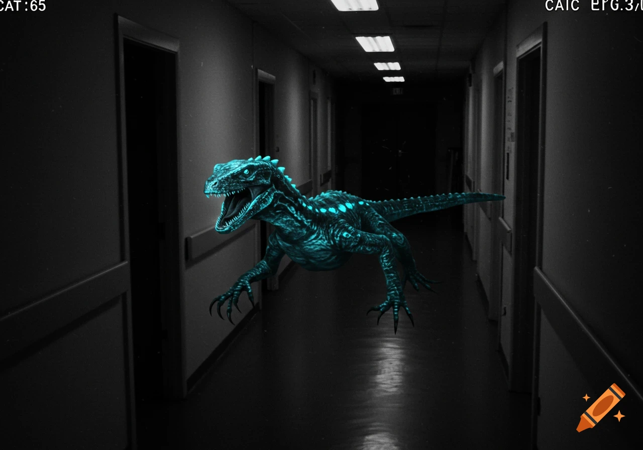 A glowing blue digital creature runs down a dark hallway, viewed as ...