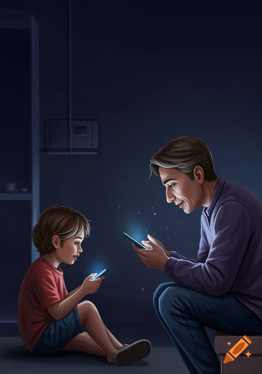 A man and woman in bed, facing away from each other, smiling while looking at their phones in a ...