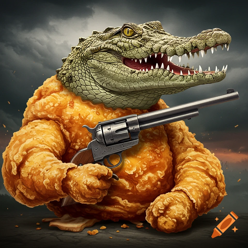 Crocodile with a fried chicken body holding a gun on Craiyon
