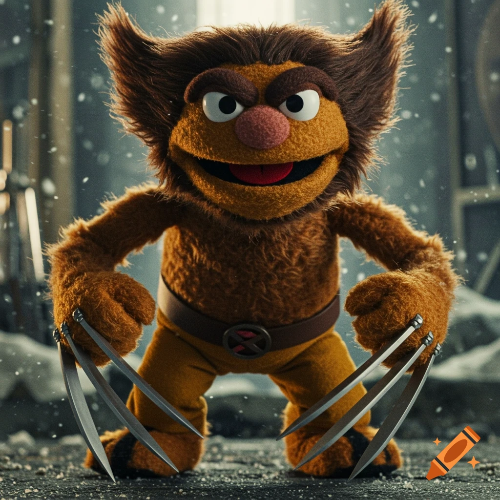A furry orange muppet character dressed in torn clothes, with metal ...
