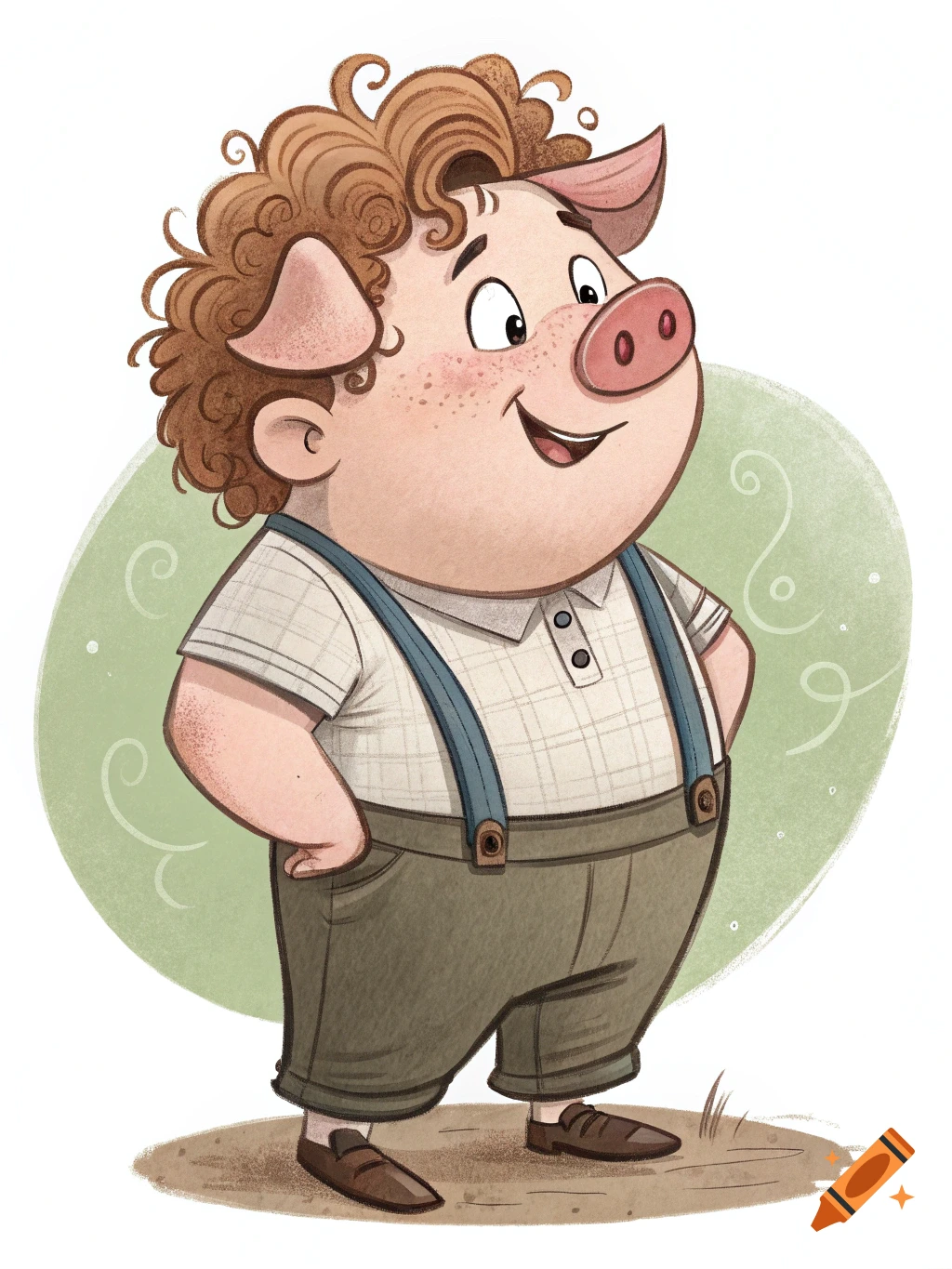 Cartoon illustration of a boy and a pig standing outdoors. on Craiyon