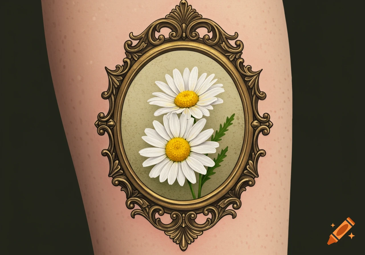 A purple allium flower tattoo on a thigh, framed by an ornate golden ...