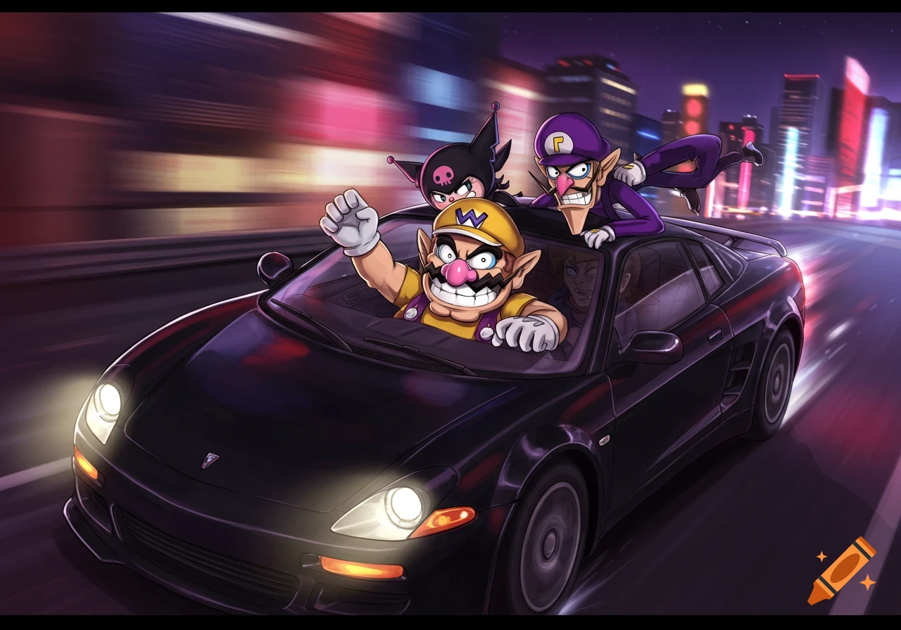 Wario, Waluigi, and Kuromi ride in a black sports car at night in a ...