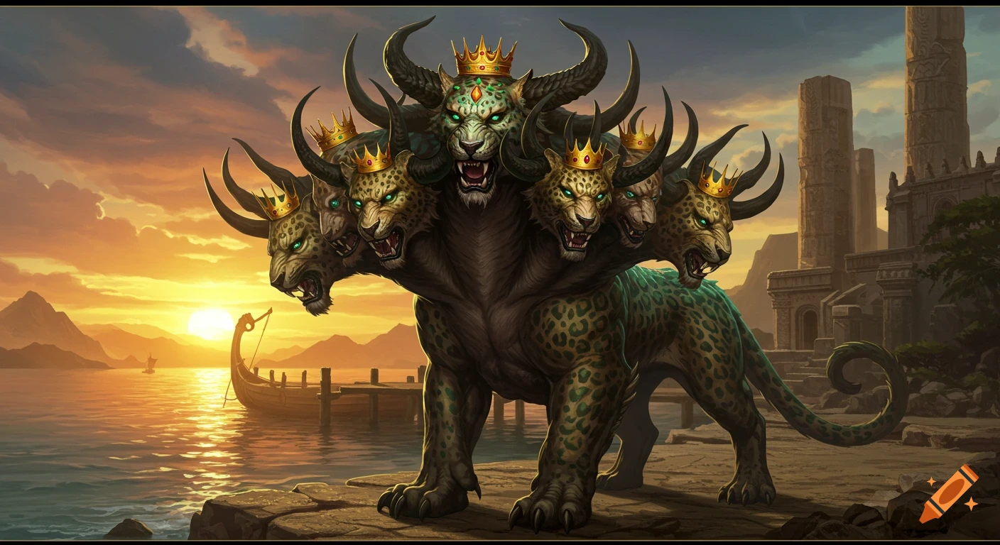A seven-headed horned leopard creature with crowns stands by an ancient ...