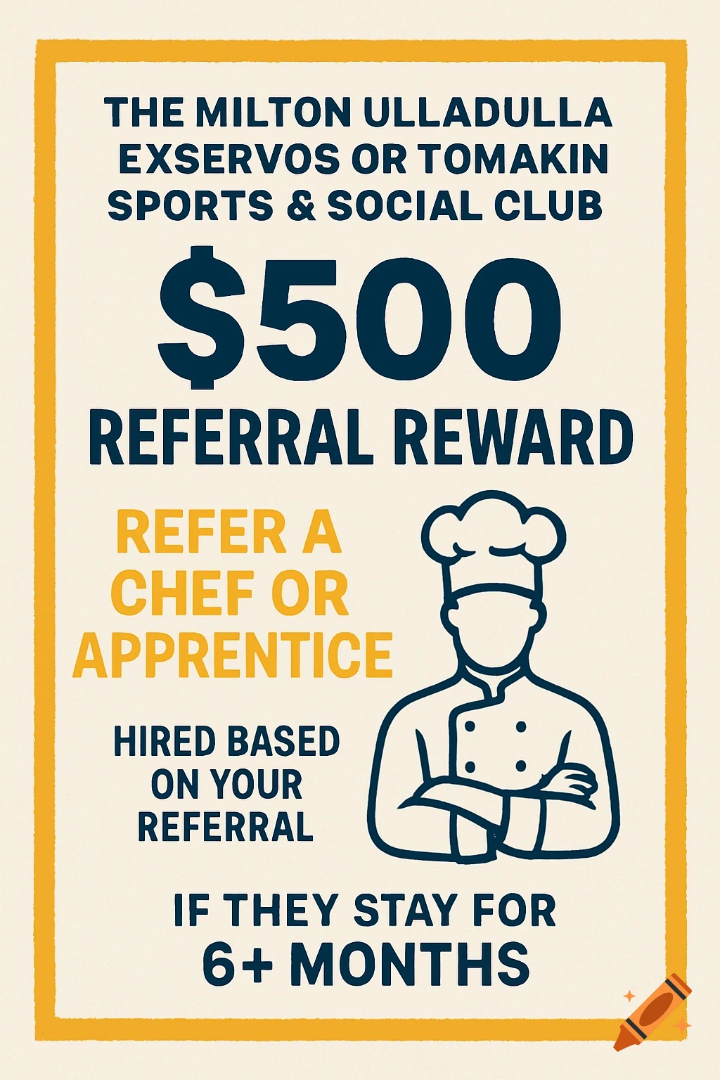 Poster advertising a $500 reward for staff referrals of chefs or apprentices at The Milton ...