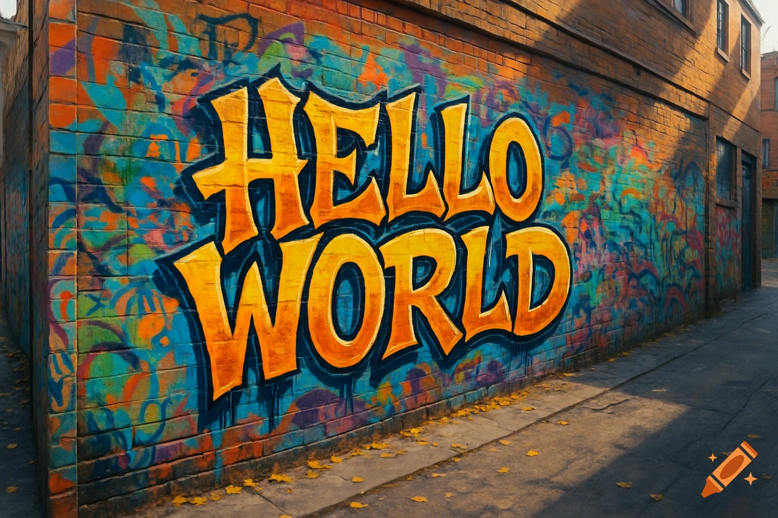 Colorful graffiti mural reading HELLO WORLD on a brick wall in an urban ...