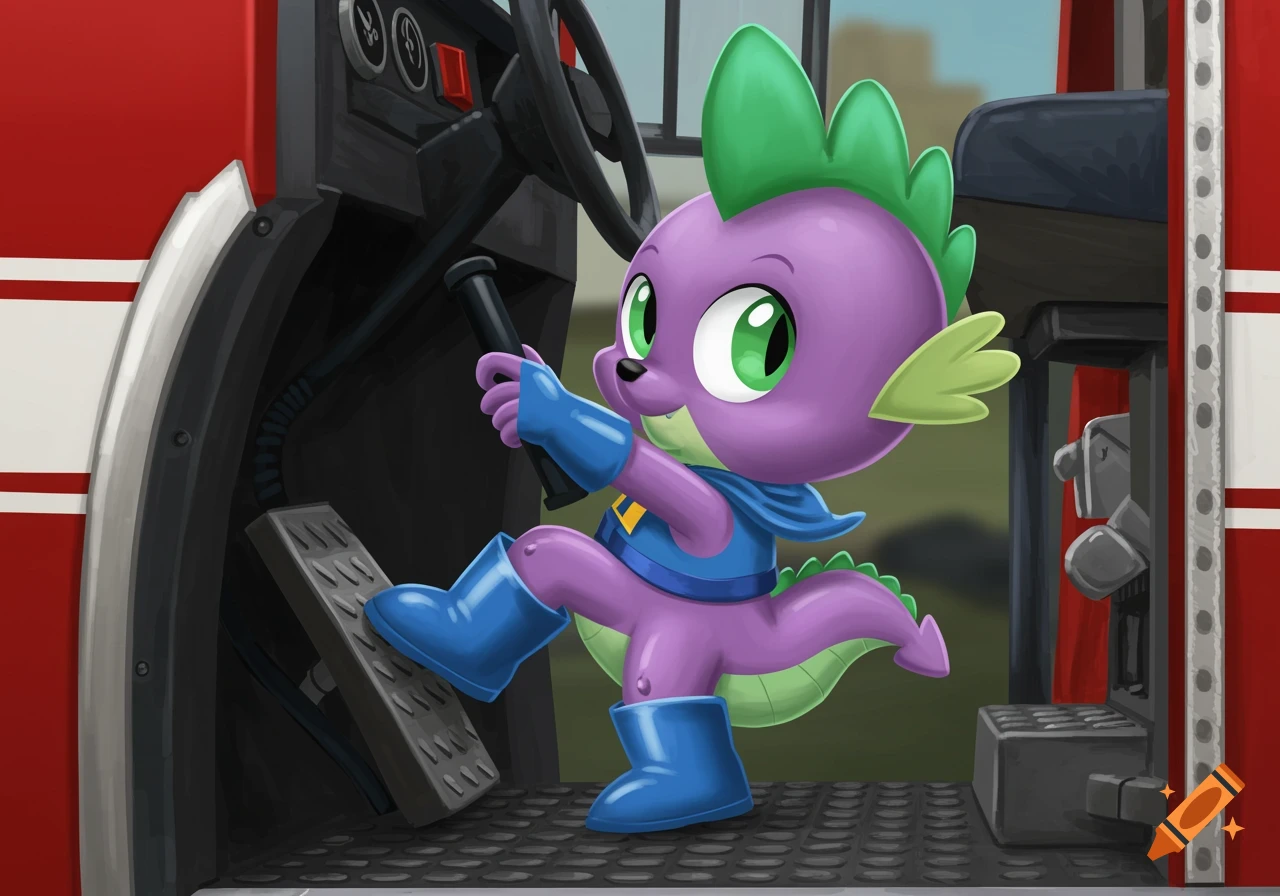 Spike from MLP driving a 2009 Pierce Arrow XT Fire Engine on Craiyon