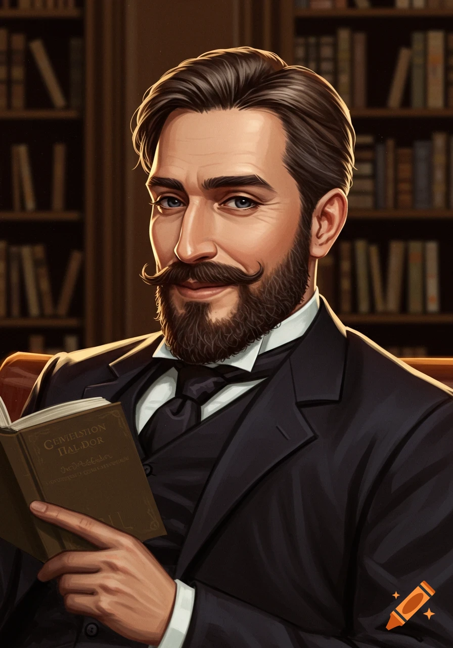 Portrait of a distinguished man with a mustache and beard reading a ...
