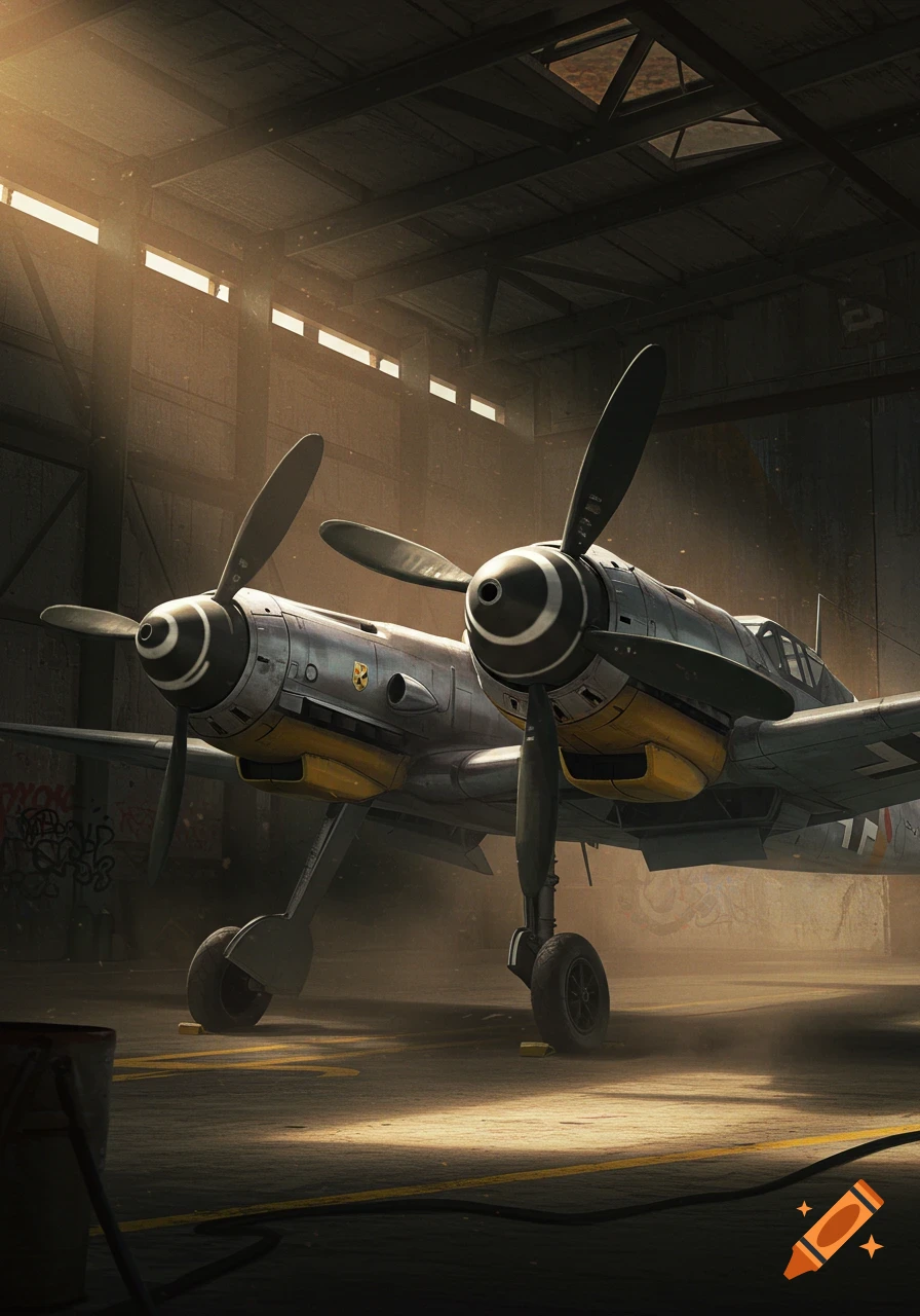 A WWII German fighter plane with two engines sitting in a dusty hangar ...