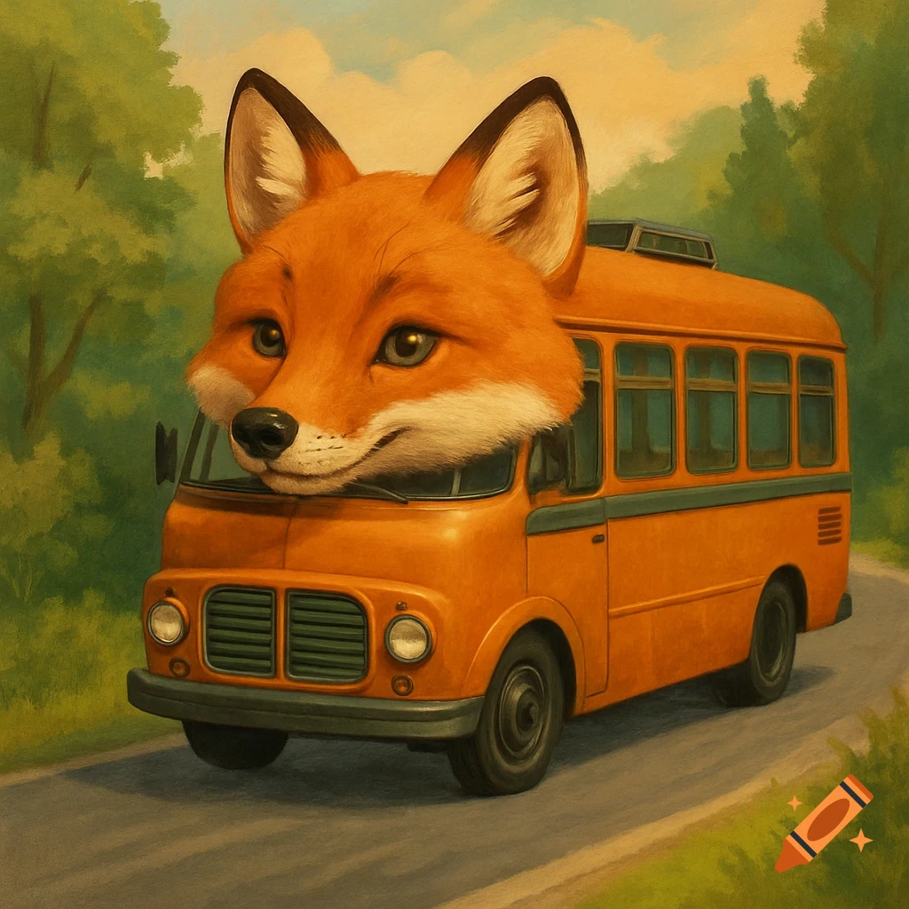 A fox on a bicycle leads a group of dogs on bicycles down a path ...