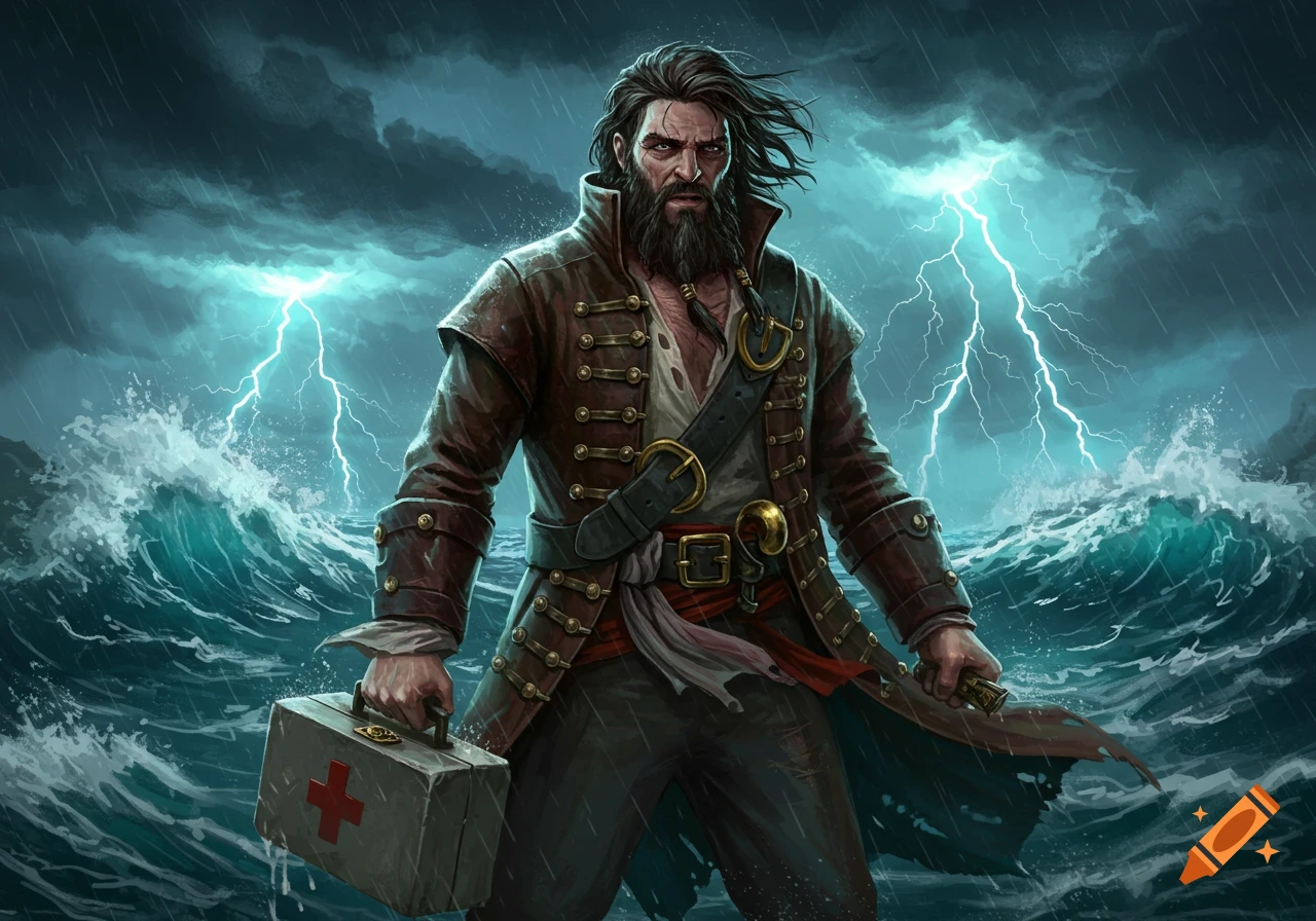 A rugged pirate doctor stands in a stormy sea holding a first-aid kit ...