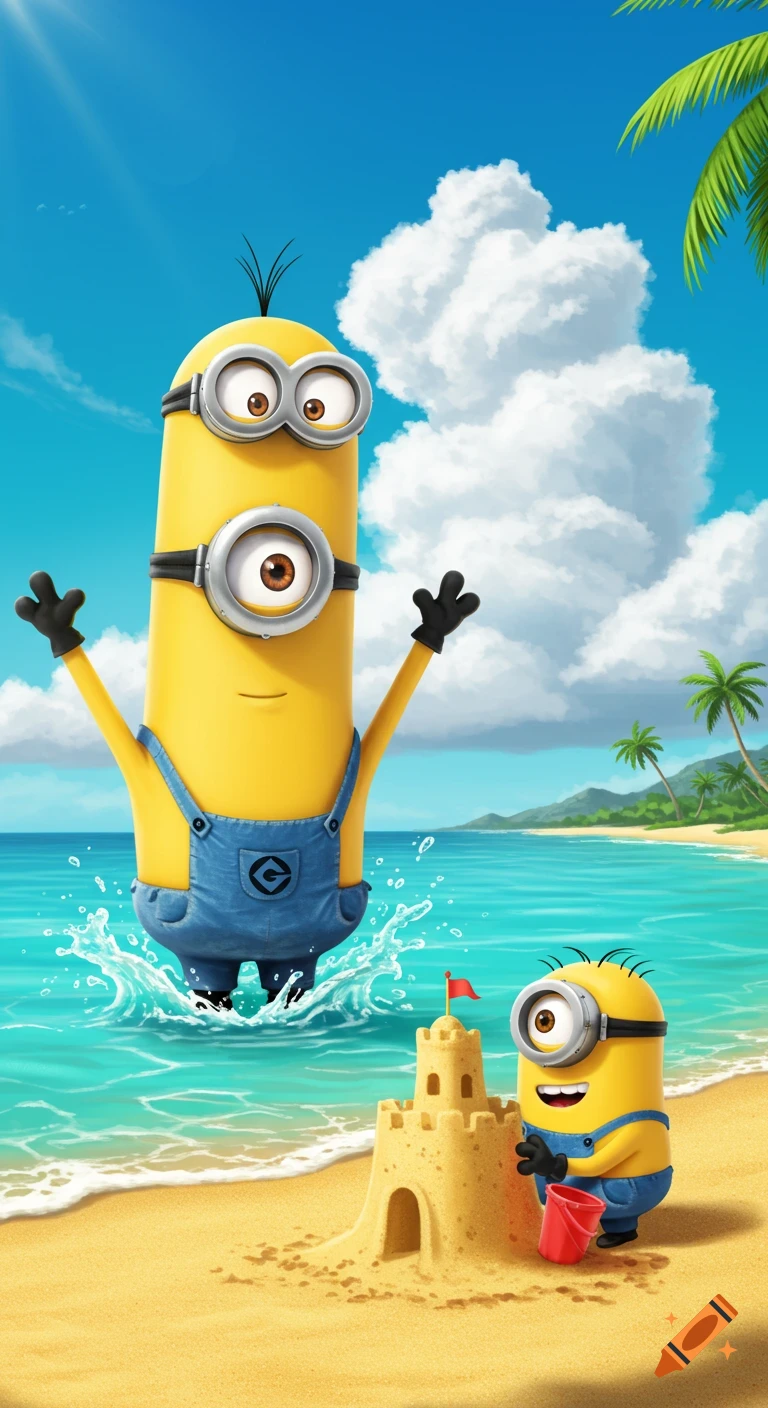 A tall minion splashes in the water while a short minion builds a ...