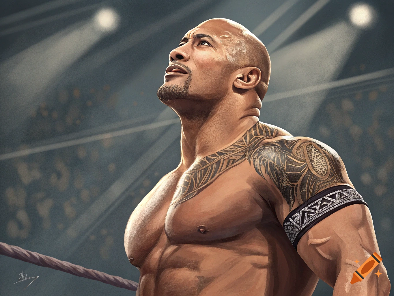 Illustration of Dwayne 'The Rock' Johnson in a wrestling ring. on Craiyon