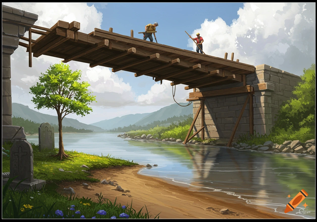 Two men build a wooden bridge over a river near a tree and gravestones ...