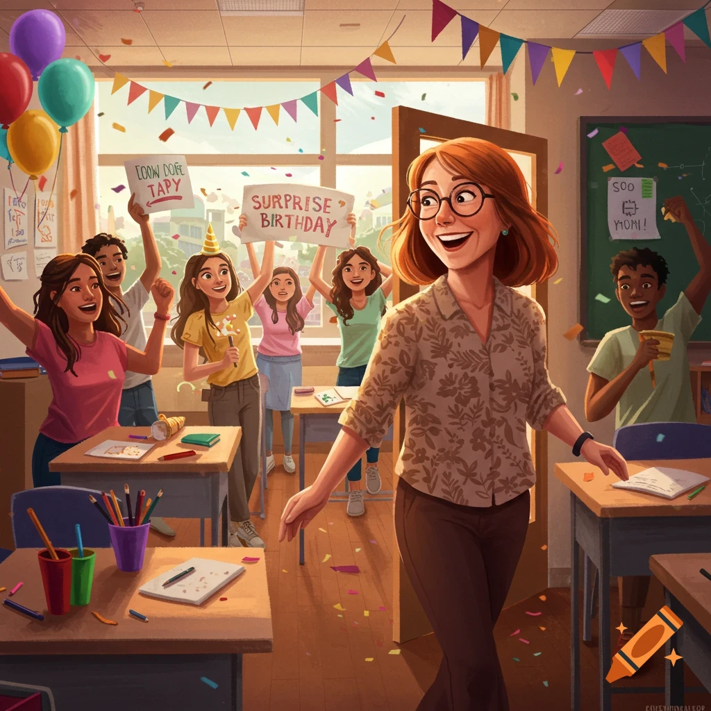 Teacher entering a classroom to a surprise party with students ...