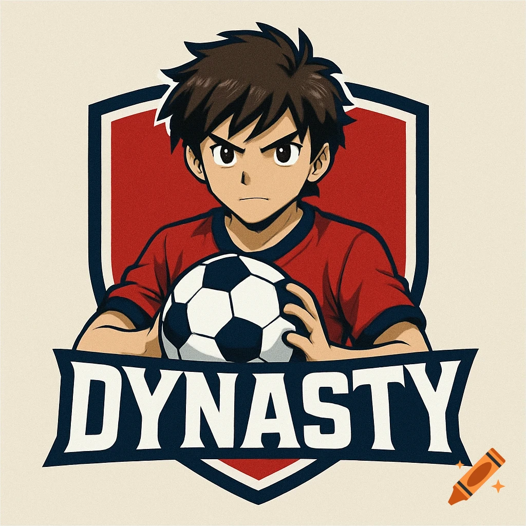 Anime boy holds soccer ball in a logo shield with 'DYNASTY' text. on ...